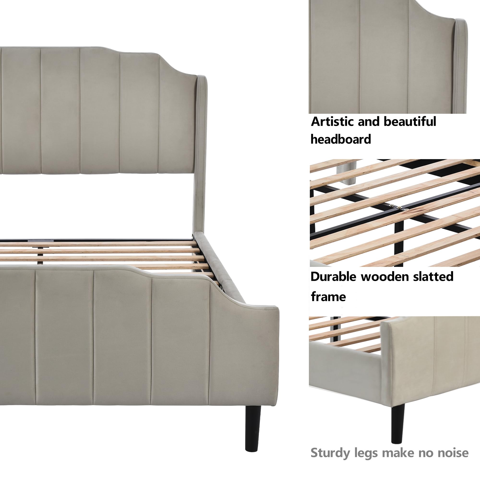 Bellemave Queen Size Upholstered Bed with Headboard and Footboard, Wood Queen Platform Bed Frame for Bedroom, Velvet Fabric, No Box Spring Needed (Queen, Gray)