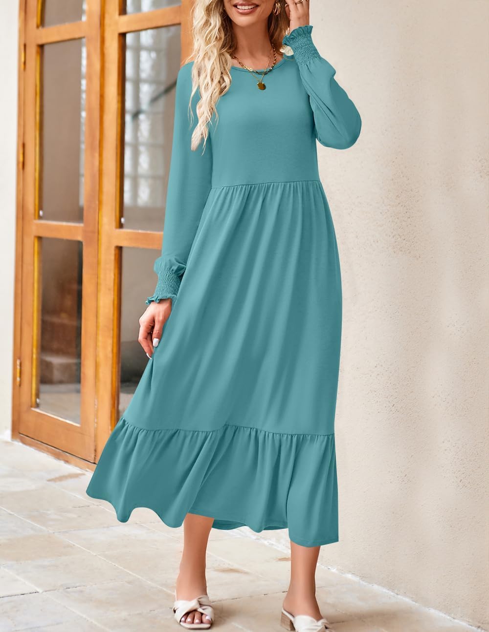 ZESICA Women's Spring Long Sleeve Dress 2025 Crewneck Casual Loose Pleated Tiered Swing Midi Dresses with Pockets,Sage,Medium