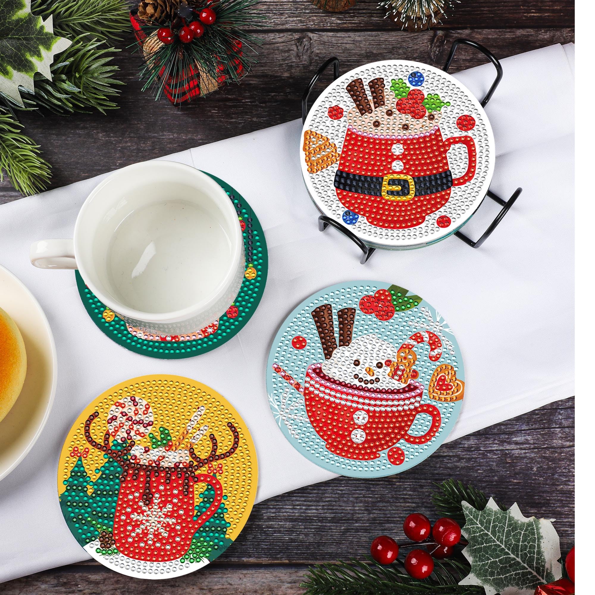 Christmas Diamond Painting Coasters Hot Cocoa Diamond Art Coasters Winter Hot Chocolates 5D DIY Diamond Decorative Coasters with Cork Base Holder for Christmas Winter Holiday DIY Crafts, 8 Pieces
