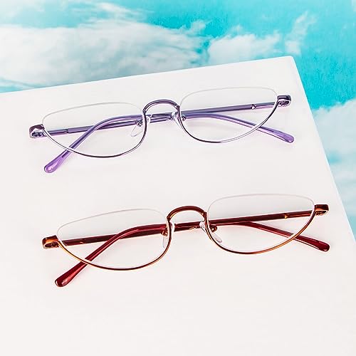 KoKoBin Half Reading Glasses for Men Women,Half Moon Metal Frame Lens Spring Hinge Readers, Purple+Red 3.00