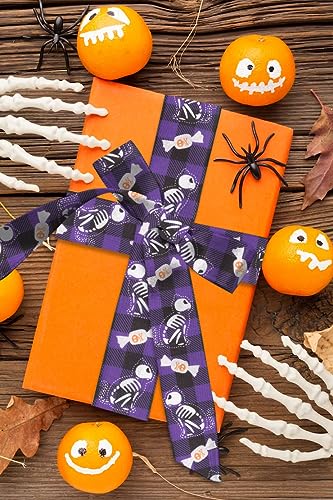 Threetols 2 Rolls 10 Yards Halloween Wired Edge Ribbon, 2.5inch Black Purple Buffalo Plaid Ribbon, Candy Skull Black White Stripe Glitter Dot Ribbon for Halloween Party DIY Craft Wreath Decor