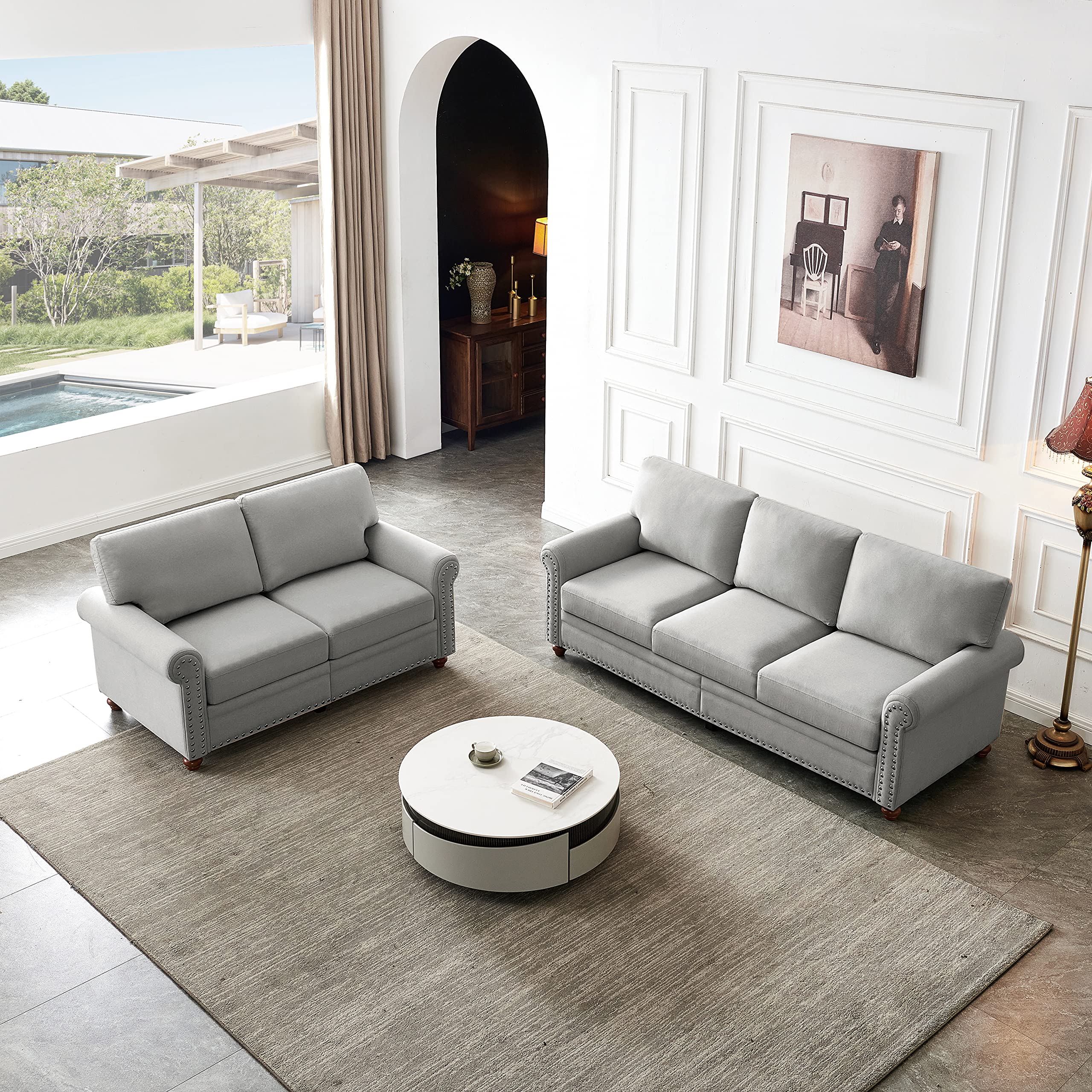 KoiHome 2+3 Sectional Storage, Sleeper Couch Chaise with Nail Decoration, Modern Upholstered Sofa with Seat Cushion and Wood Leg for Living Room,Bedroom,Office,Relax Lounge, Polyester, Grey