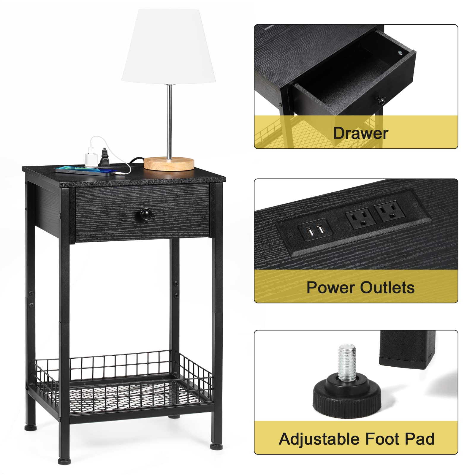 MOOACE Nightstand with Charging Station, Tall End Table with Drawer and Mesh Basket Storage Rustic Bedside Table for Bedroom,Living Room,Small Spaces - Black