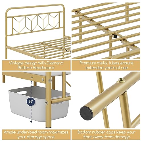 Yaheetech Metal Platform Bed Frame Mattress Foundation with Diamond Pattern Headboard/Footboard/Heavy Duty Steel Slat Support/Under Bed Storage/No Box Spring Needed/Full Size Antique Gold