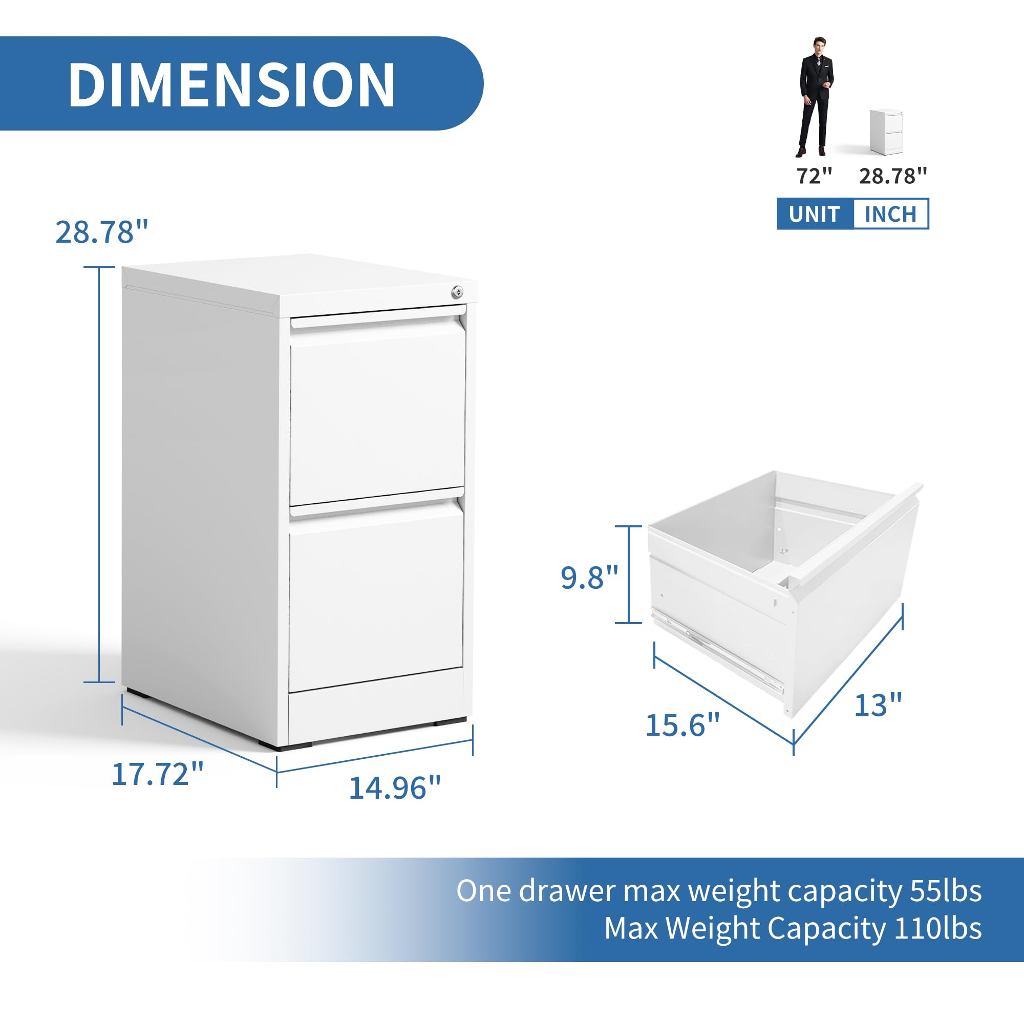 BIZOEIRON 2 Drawer File Cabinet and 2 Drawer File Cabinet with Lock, White