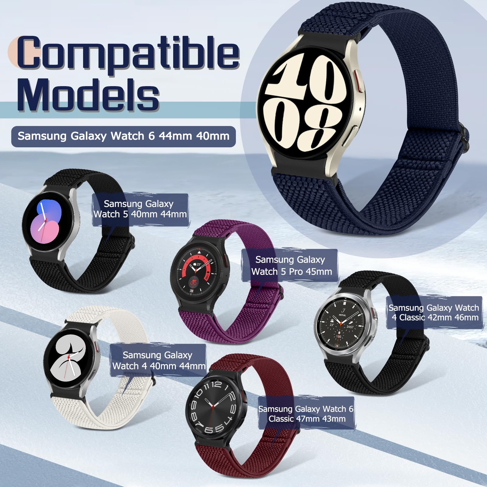 VNDAPT Elastic Bands Compatible with Samsung Galaxy Watch 5/4/6 40mm 44mm, Galaxy Watch 6 Classic 43mm 47mm, Galaxy Watch 5 Pro 45mm, Galaxy Watch 4 Classic 46mm 42mm, Adjustable Nylon Sport Straps