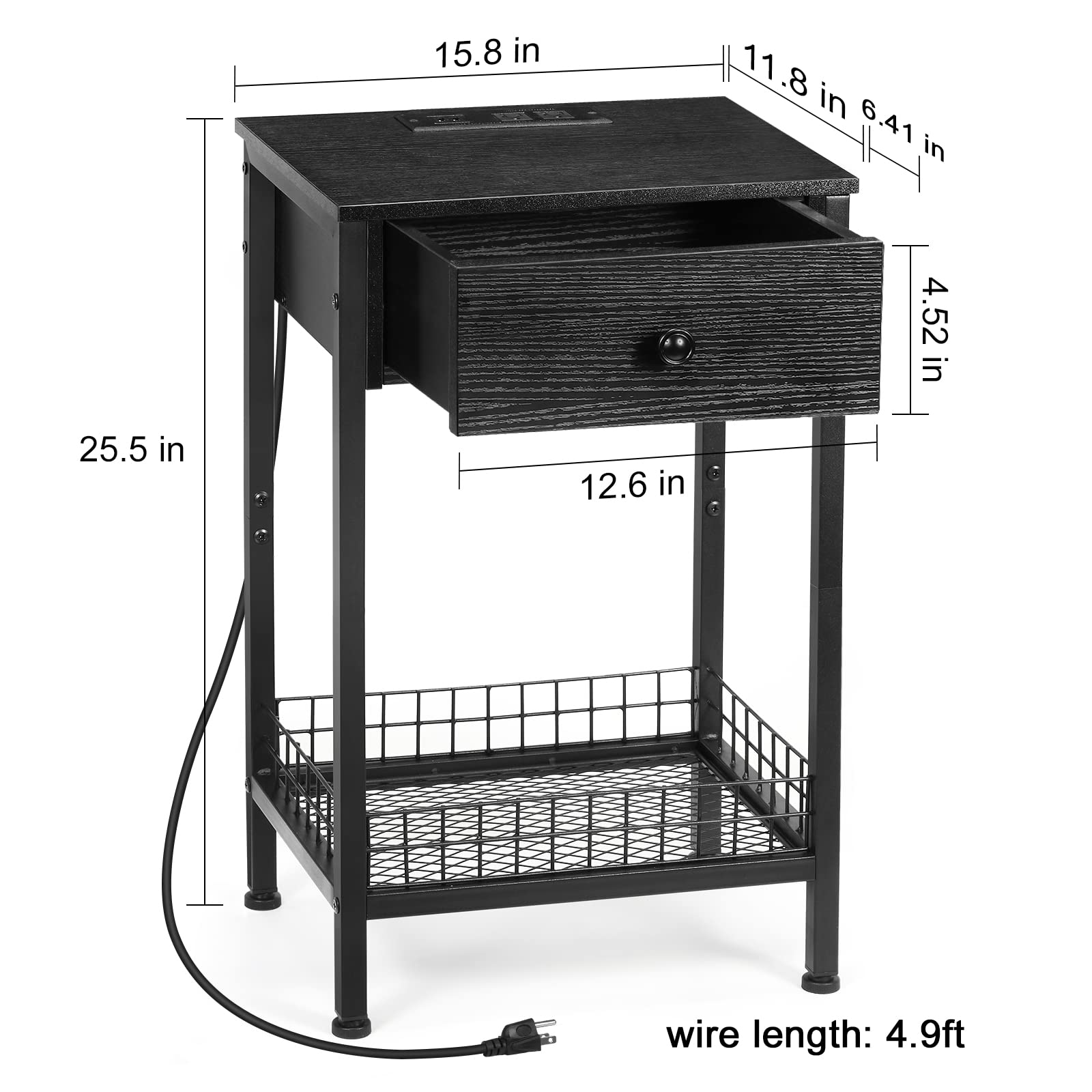 MOOACE Nightstand with Charging Station, Tall End Table with Drawer and Mesh Basket Storage Rustic Bedside Table for Bedroom,Living Room,Small Spaces - Black