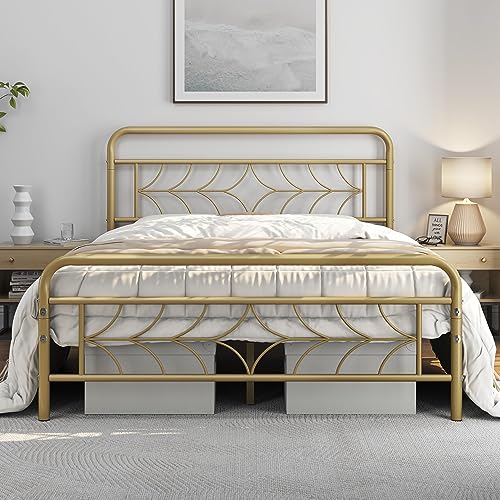 Yaheetech Full Size Bed Frame Metal Platform Bed with Sparkling Star-Inspired Design Headboard, 13 Inch Underbed Storage, No Box Spring Needed, Easy Assembly, Modern, Antique Gold