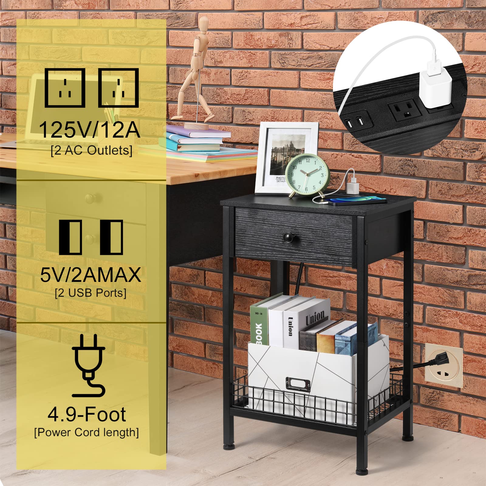 MOOACE Nightstand with Charging Station, Tall End Table with Drawer and Mesh Basket Storage Rustic Bedside Table for Bedroom,Living Room,Small Spaces - Black