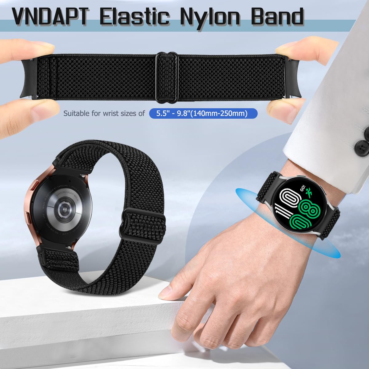 VNDAPT Elastic Bands Compatible with Samsung Galaxy Watch 5/4/6 40mm 44mm, Galaxy Watch 6 Classic 43mm 47mm, Galaxy Watch 5 Pro 45mm, Galaxy Watch 4 Classic 46mm 42mm, Adjustable Nylon Sport Straps