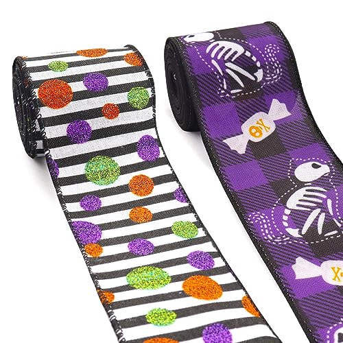 Threetols 2 Rolls 10 Yards Halloween Wired Edge Ribbon, 2.5inch Black Purple Buffalo Plaid Ribbon, Candy Skull Black White Stripe Glitter Dot Ribbon for Halloween Party DIY Craft Wreath Decor