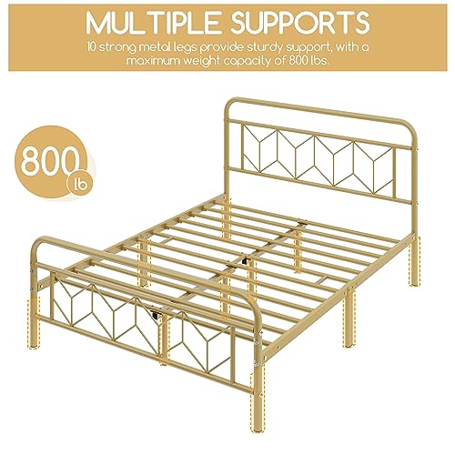 Yaheetech Metal Platform Bed Frame Mattress Foundation with Diamond Pattern Headboard/Footboard/Heavy Duty Steel Slat Support/Under Bed Storage/No Box Spring Needed/Full Size Antique Gold