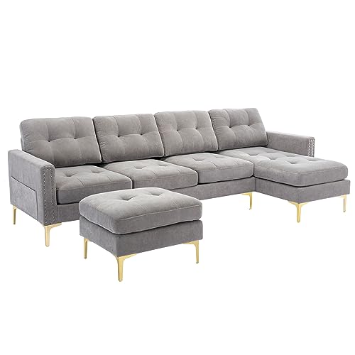 U-Shaped Sectional Sofa w/Reversible Chaise and Movable Ottoman, 110"W 5-Seater Convertible Corner Couch Modern Design Comfy Sofa & Couch with Side Pockets and Nail Head for Home Office Apartment