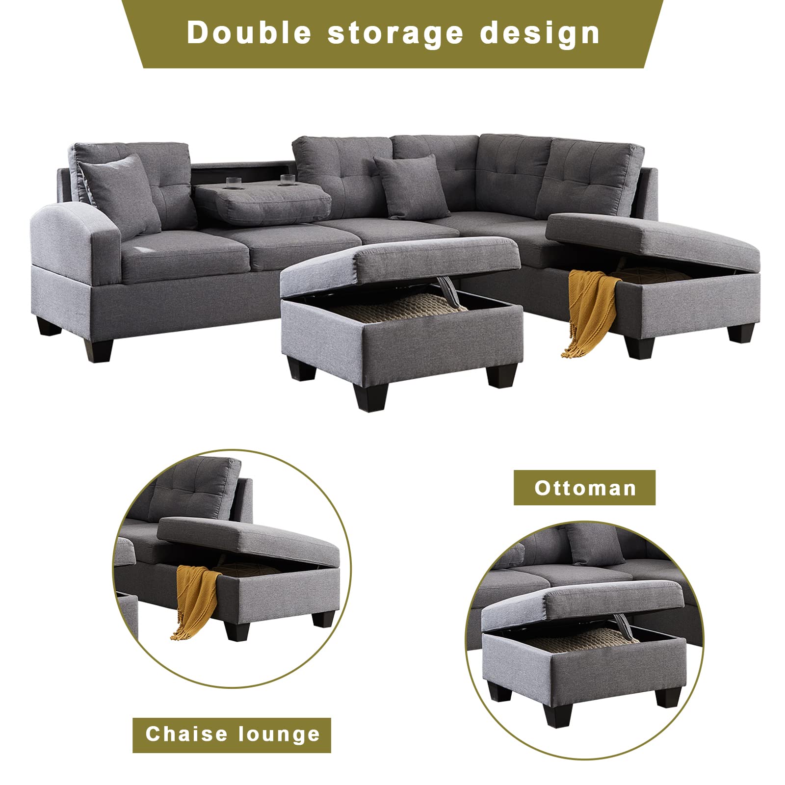 Unovivy Large Sectional Couches for Living Room, 109" L Shaped Upholstered Sofa with Chaise, Ottoman and Cup Holders, 3-Piece Fabric Furniture Sets, Suitable Space & Apartment, Light Gray