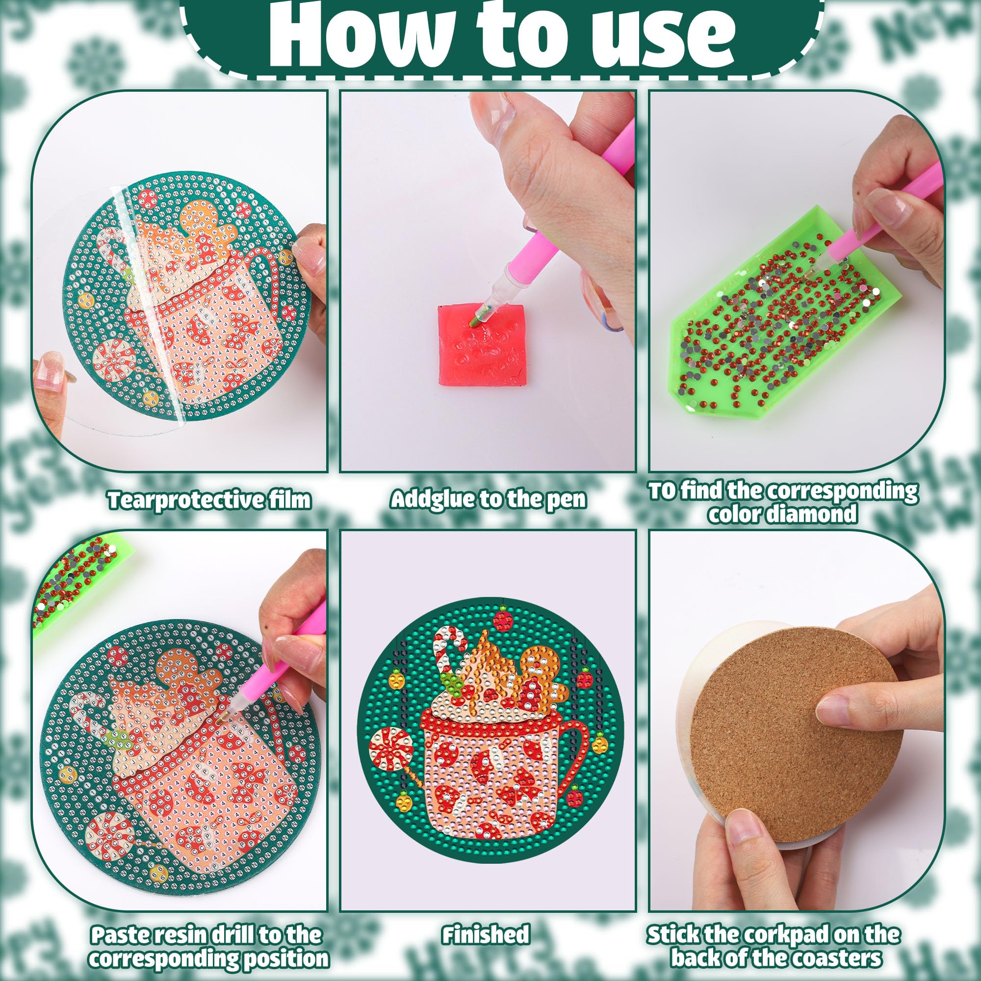 Christmas Diamond Painting Coasters Hot Cocoa Diamond Art Coasters Winter Hot Chocolates 5D DIY Diamond Decorative Coasters with Cork Base Holder for Christmas Winter Holiday DIY Crafts, 8 Pieces
