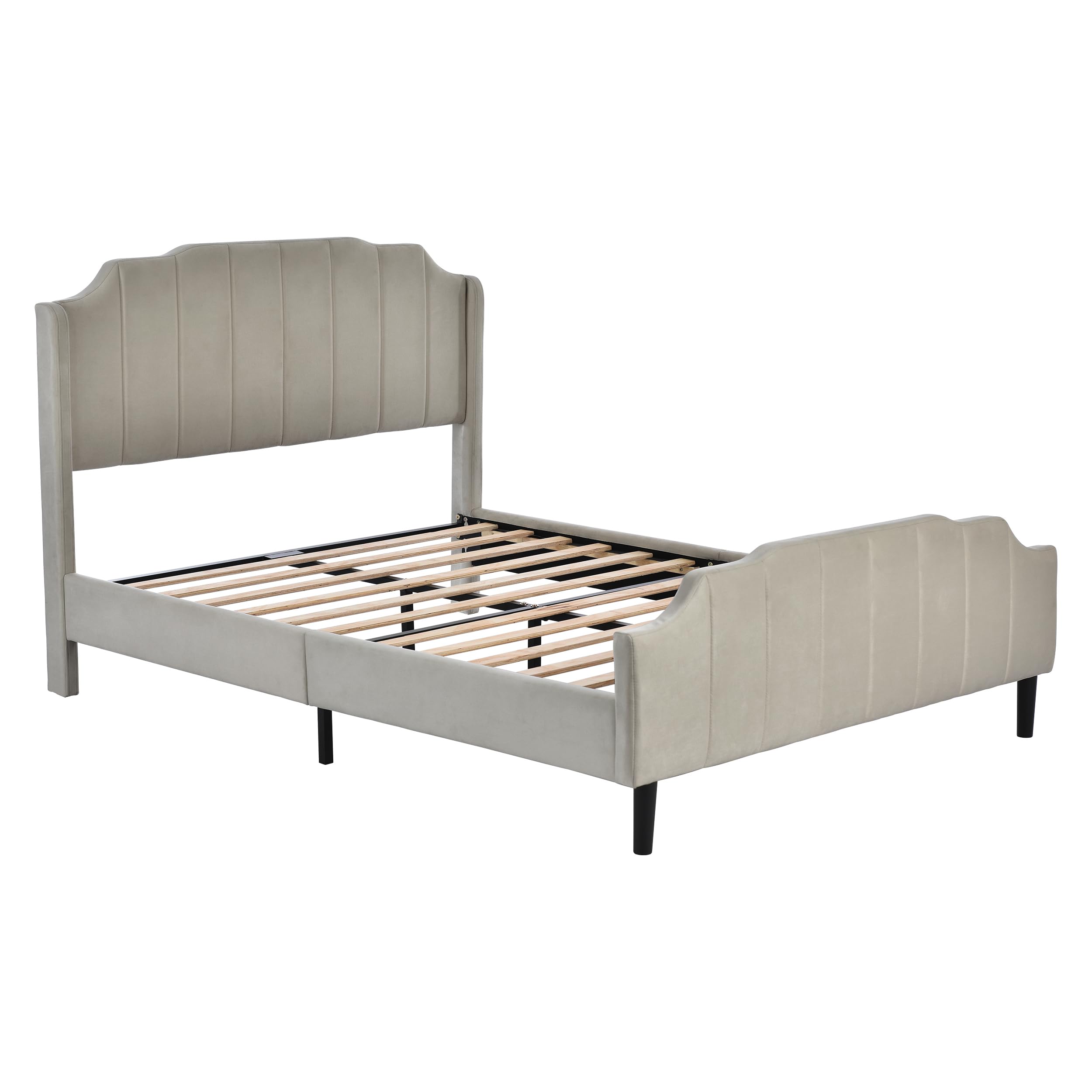 Bellemave Queen Size Upholstered Bed with Headboard and Footboard, Wood Queen Platform Bed Frame for Bedroom, Velvet Fabric, No Box Spring Needed (Queen, Gray)