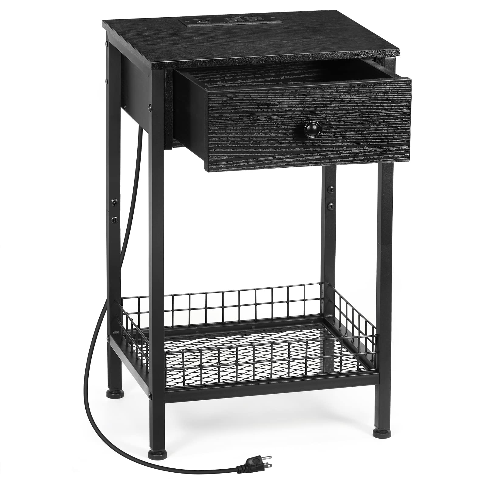 MOOACE Nightstand with Charging Station, Tall End Table with Drawer and Mesh Basket Storage Rustic Bedside Table for Bedroom,Living Room,Small Spaces - Black