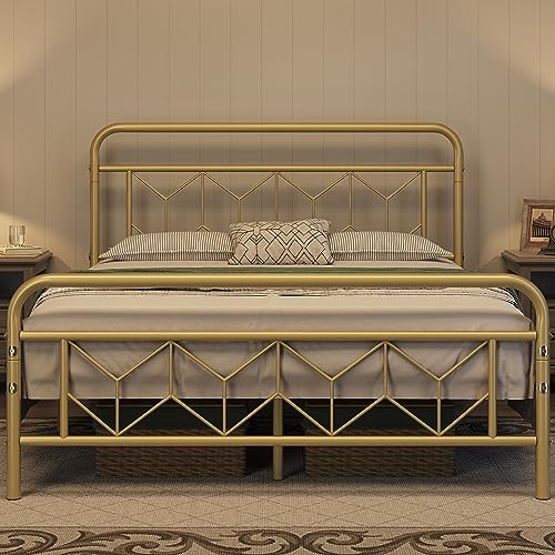Yaheetech Metal Platform Bed Frame Mattress Foundation with Diamond Pattern Headboard/Footboard/Heavy Duty Steel Slat Support/Under Bed Storage/No Box Spring Needed/Full Size Antique Gold