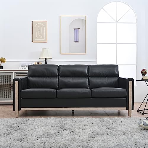Haplized Comfortable PU Leather Sofa Couch,Soft Cushions with Solid Wood Legs, Durable and Long-Lasting,Couchs Sofa for Living Room,Apartment (Black, 3 Seater Sofa)