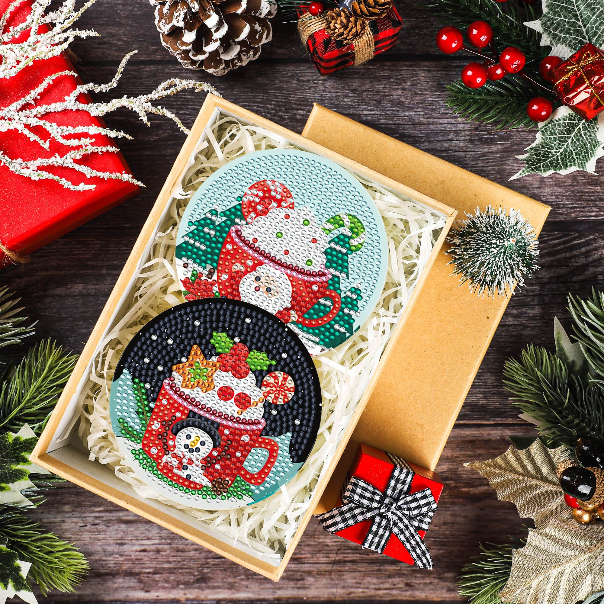 Christmas Diamond Painting Coasters Hot Cocoa Diamond Art Coasters Winter Hot Chocolates 5D DIY Diamond Decorative Coasters with Cork Base Holder for Christmas Winter Holiday DIY Crafts, 8 Pieces
