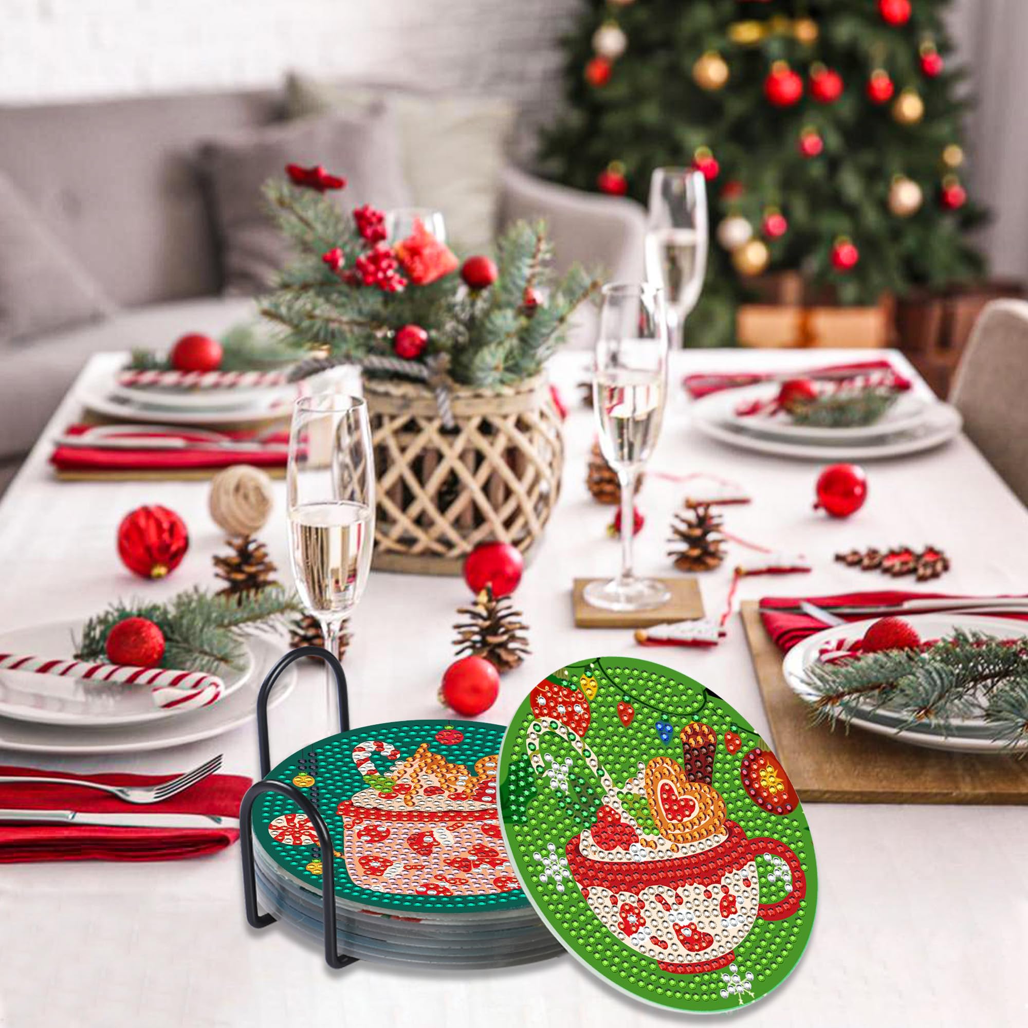 Christmas Diamond Painting Coasters Hot Cocoa Diamond Art Coasters Winter Hot Chocolates 5D DIY Diamond Decorative Coasters with Cork Base Holder for Christmas Winter Holiday DIY Crafts, 8 Pieces