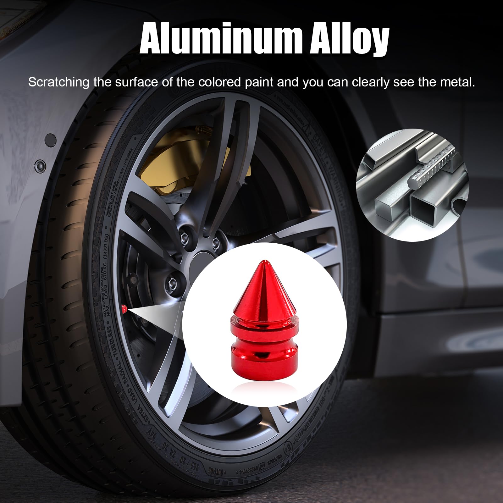 Ziciner 4 PCS Car Tire Valve Caps, Spiked Aluminum Alloy Tire Trim Accessories, Dustproof Tire Wheel Stem Covers, Universal Air Stem Cap for Auto, Trucks, SUVs, Bicycles and Motorcycles (Red)