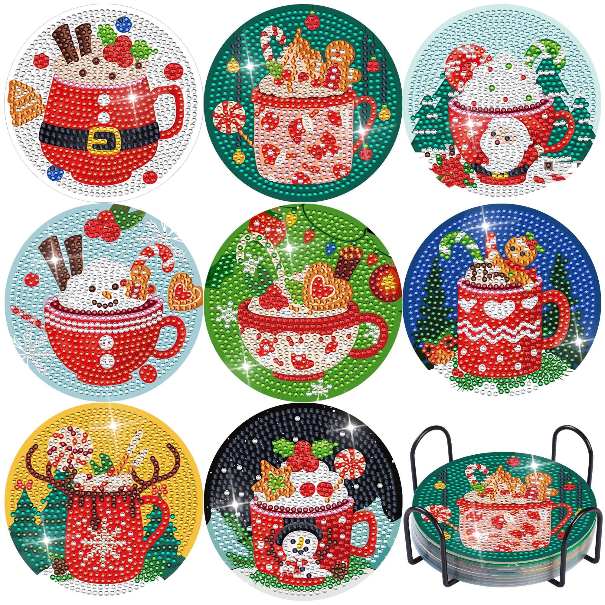 Christmas Diamond Painting Coasters Hot Cocoa Diamond Art Coasters Winter Hot Chocolates 5D DIY Diamond Decorative Coasters with Cork Base Holder for Christmas Winter Holiday DIY Crafts, 8 Pieces