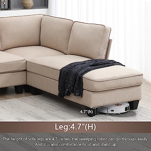 Lifeand 104.378, 7-seat Linen Fabric Couch Set with Chaise Lounge and Convertible Ottoman for Living Room,Apartment,Office Modern L-Shaped Sectional Sofa, Khaki
