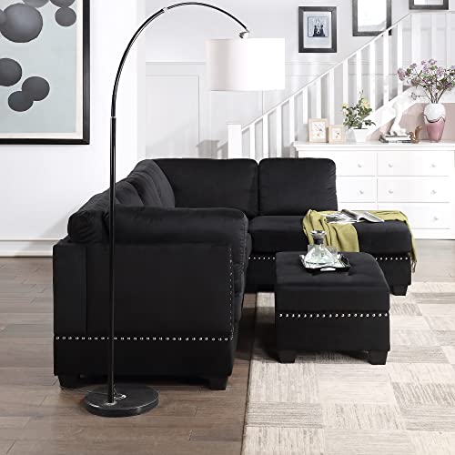 ERYE L-Shaped Corner Sectional Couch with Reversible Lounge Chaise and Drop-Down Cupholders,Modern Living Room Nailhead Decor 6 Seaters Sofa&Couch W/Storage Ottoman for Home Office Apartment