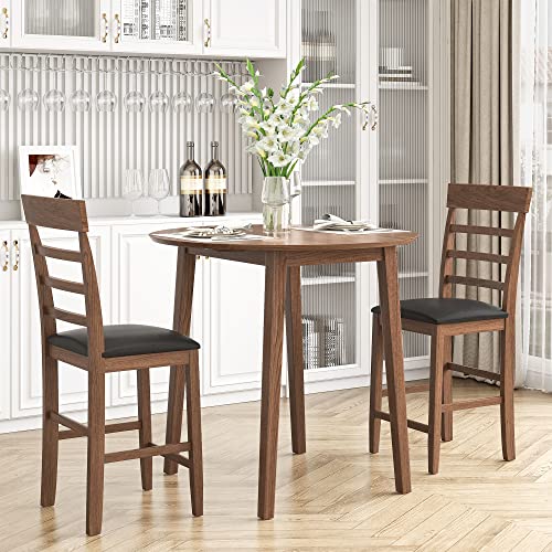 Voohek, Walnut 3-Piece Dining Set w/Drop-Leaf, 2 Upholstered Chairs,Counter Height Furniture, with PU Leather Cushion for Kitchen, Small Space, Bar
