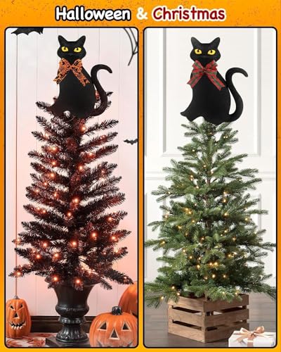 Black Cats Christmas Tree Topper with Stand and Changeable Bows Halloween Xmas Tree Ornament Winter Holidays Home Decorations Cat Lovers Gift Ideas
