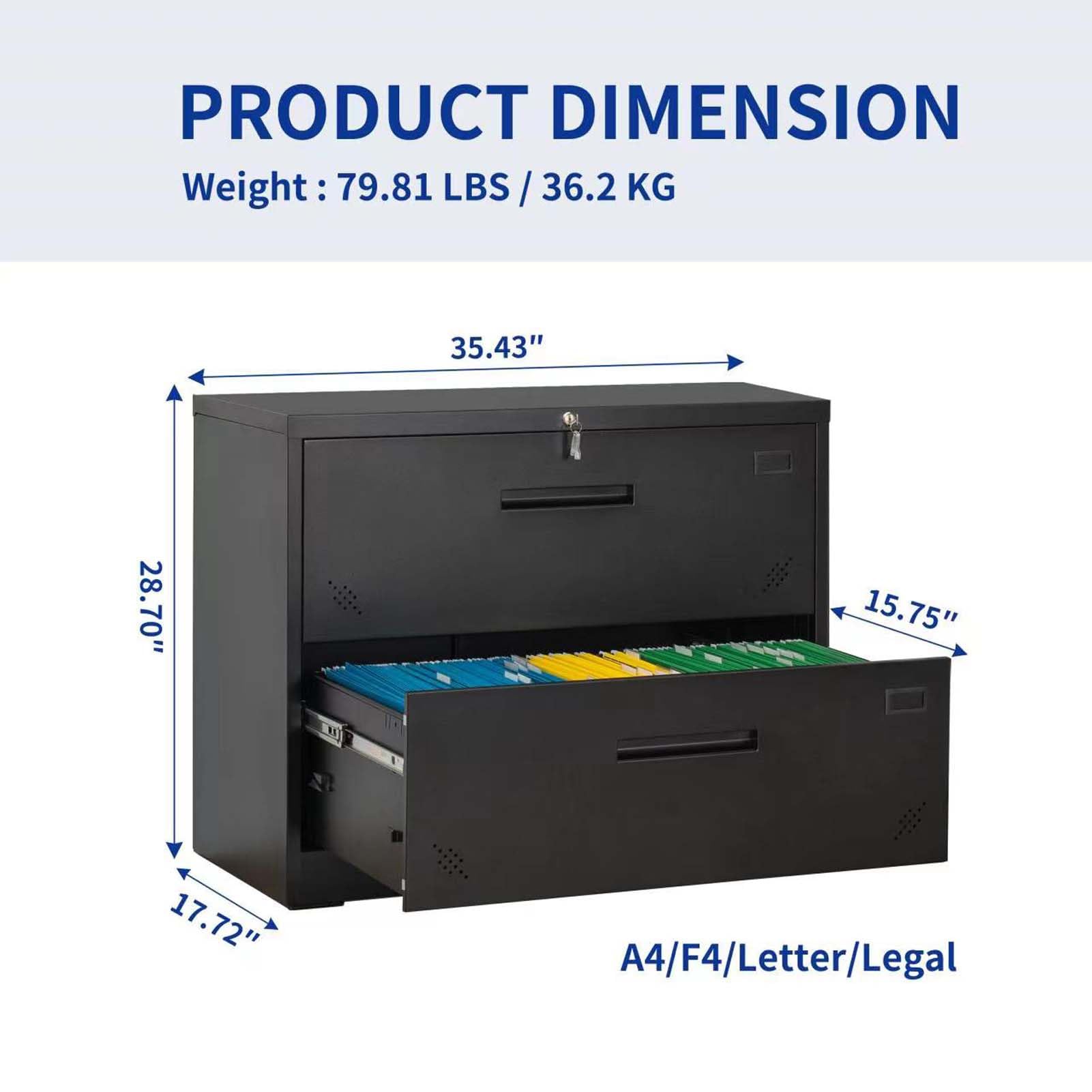Modern Metal Lateral File Cabinet with Lock, Locking Wide File Cabinet with Large Drawer, Large Deep Storage Cabinet Locked by Keys for Home Office Letter/Legal/F4/A4 Size (Black2)