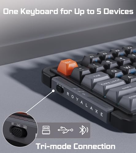 ROYALAXE L75 Wireless Mechanical Keyboard, Hot-swappable Wired/Bluetooth 5.0/2.4G Wireless Keyboard with RGB Backlit for Windows & Mac, PBT Keycaps, Gateron Yellow Switch Pro, Charcoal Gray