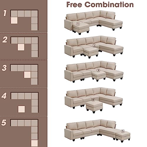 Lifeand 104.378, 7-seat Linen Fabric Couch Set with Chaise Lounge and Convertible Ottoman for Living Room,Apartment,Office Modern L-Shaped Sectional Sofa, Khaki
