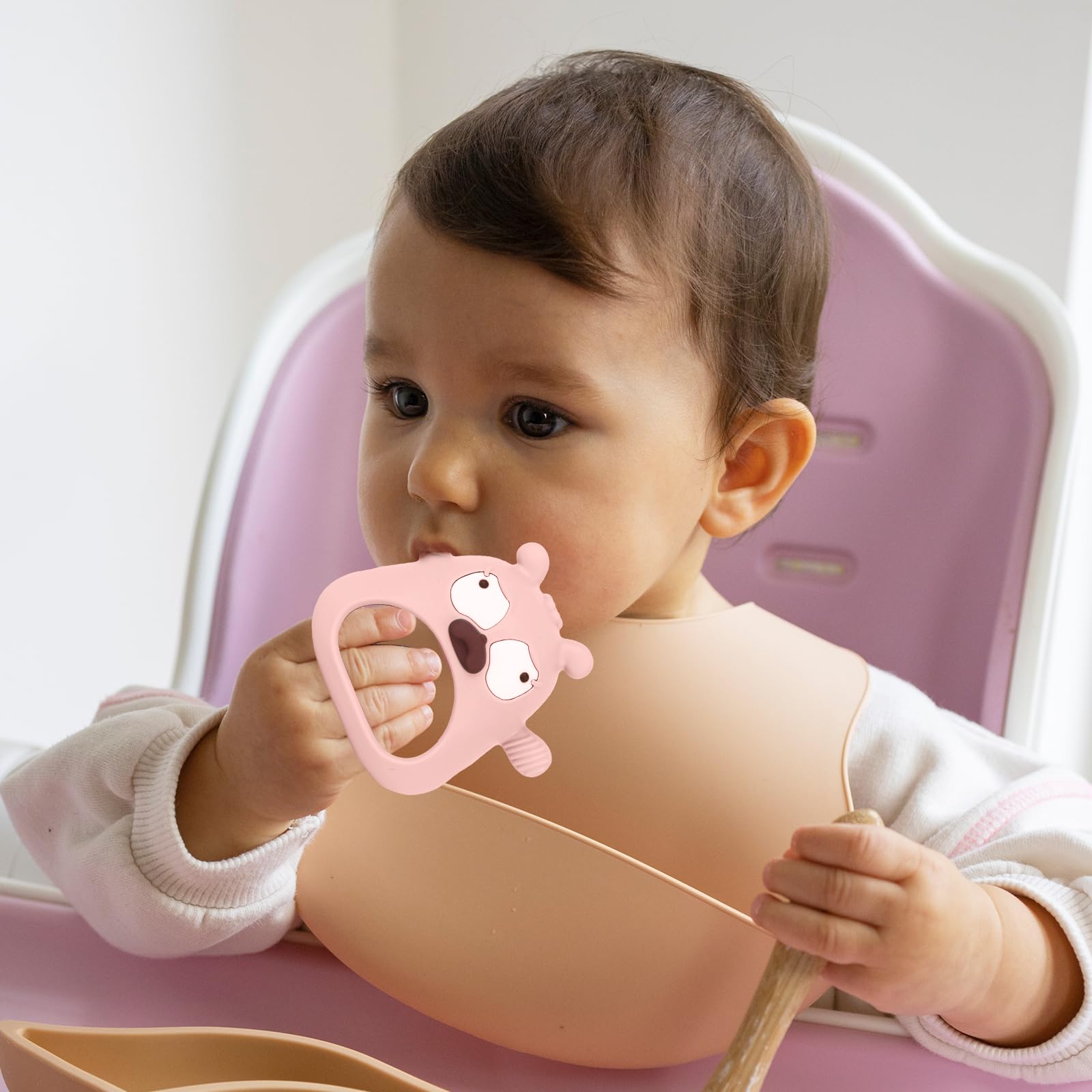 Teething Toys for Babies 0-6-12 Months, Baby Teether Never Drop Baby Teether for Teething Relief, Silicone Baby Hand Mittens with Sucking Need Pacifier, Baby Chew Toys for Breast Feeding (Pink)