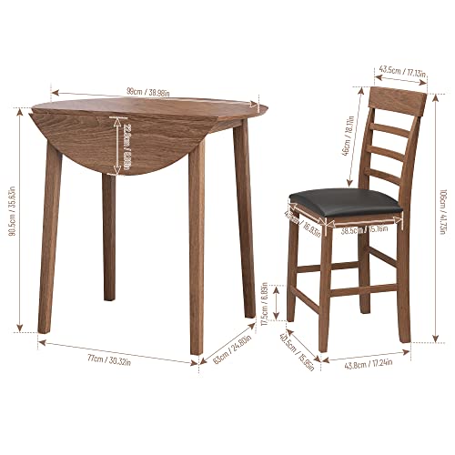 Voohek, Walnut 3-Piece Dining Set w/Drop-Leaf, 2 Upholstered Chairs,Counter Height Furniture, with PU Leather Cushion for Kitchen, Small Space, Bar