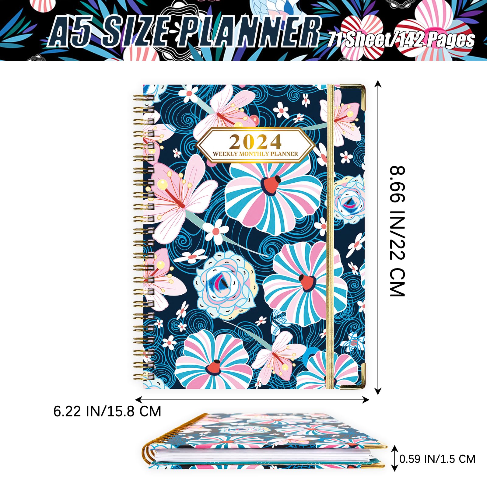 2024 Daily Planner with Stickers - 8.66"×6.2" January 2024 - December 2024 Happy Planners with Tabs, Twin Wire Spiral Binding Thick Paper Weekly and Monthly Academic Agenda Daily Notebook Pattern L