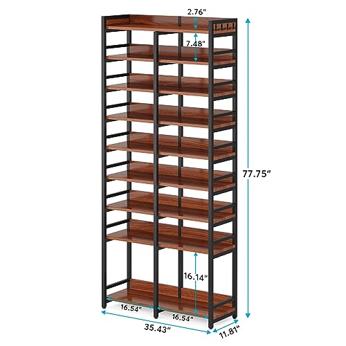Tribesigns Open Shoe Cabinet, 9-Tier Tall Wooden Shoe Rack with Side Hooks for Entryway, Freestanding 36 Pairs Wood Shoes Storage Shelf Cabinet with Heavy Duty Metal Frame, Black Rustic Brown