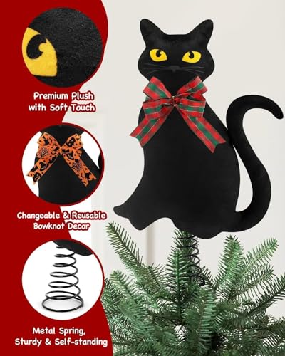 Black Cats Christmas Tree Topper with Stand and Changeable Bows Halloween Xmas Tree Ornament Winter Holidays Home Decorations Cat Lovers Gift Ideas