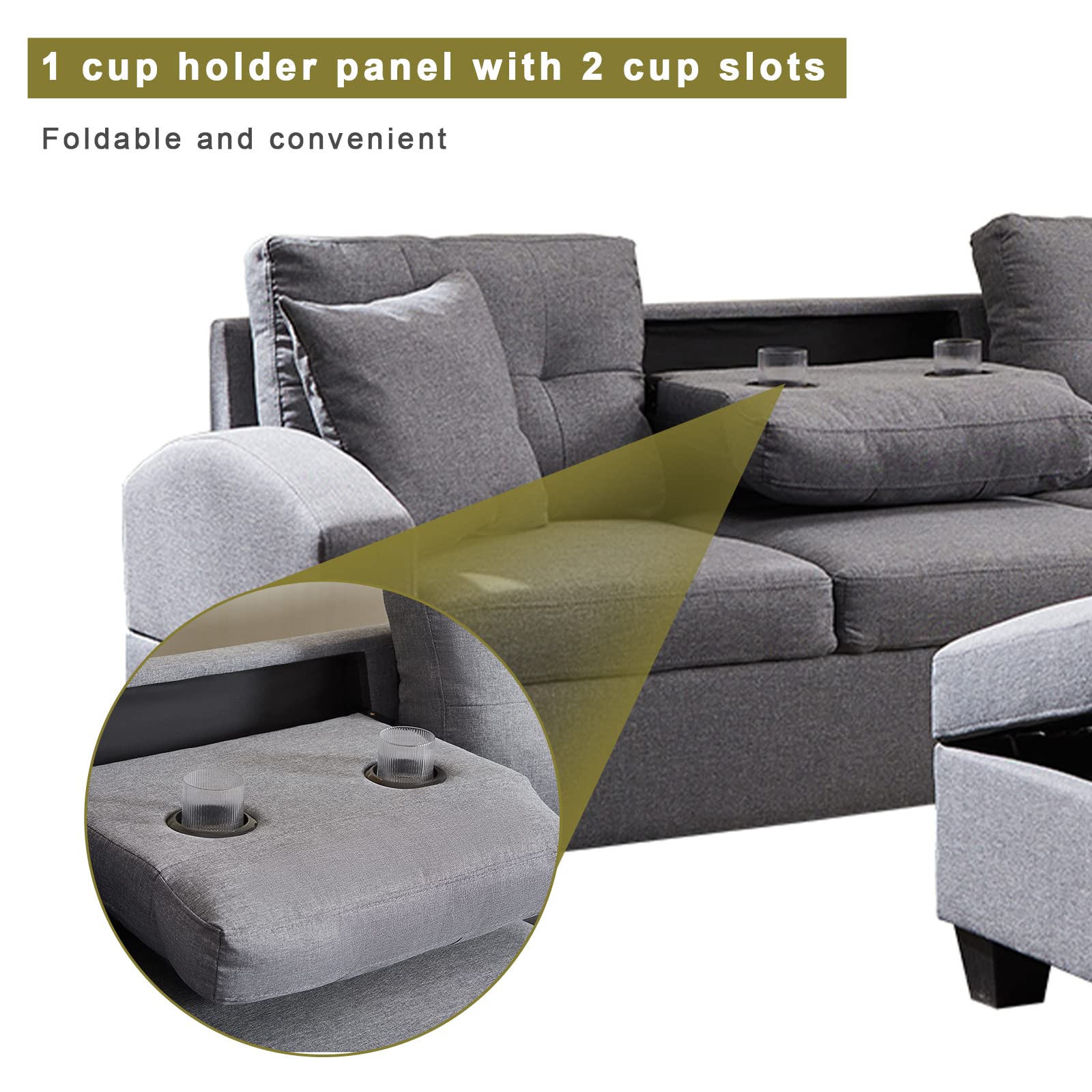 Unovivy Large Sectional Couches for Living Room, 109" L Shaped Upholstered Sofa with Chaise, Ottoman and Cup Holders, 3-Piece Fabric Furniture Sets, Suitable Space & Apartment, Light Gray