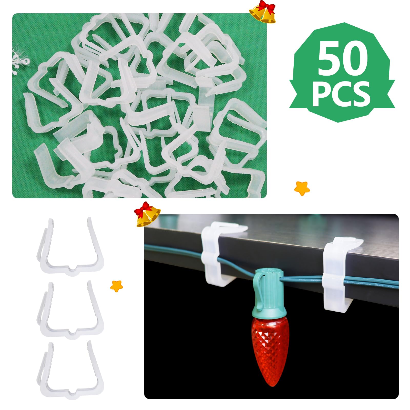 CXLHO 50 Pieces Christmas Holiday Light Hanger Hooks, 1.62" Fascia Boards Clips White, Plastic Holiday Light Clips for C7, C9, Mini String Lights Outdoor Roof Roofline Deck Eave Christmas Decoration