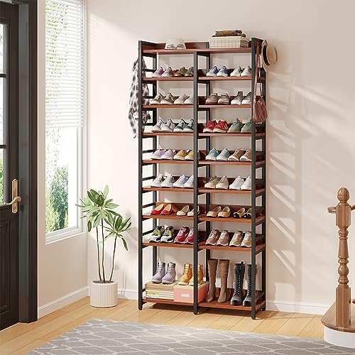 Tribesigns Open Shoe Cabinet, 9-Tier Tall Wooden Shoe Rack with Side Hooks for Entryway, Freestanding 36 Pairs Wood Shoes Storage Shelf Cabinet with Heavy Duty Metal Frame, Black Rustic Brown