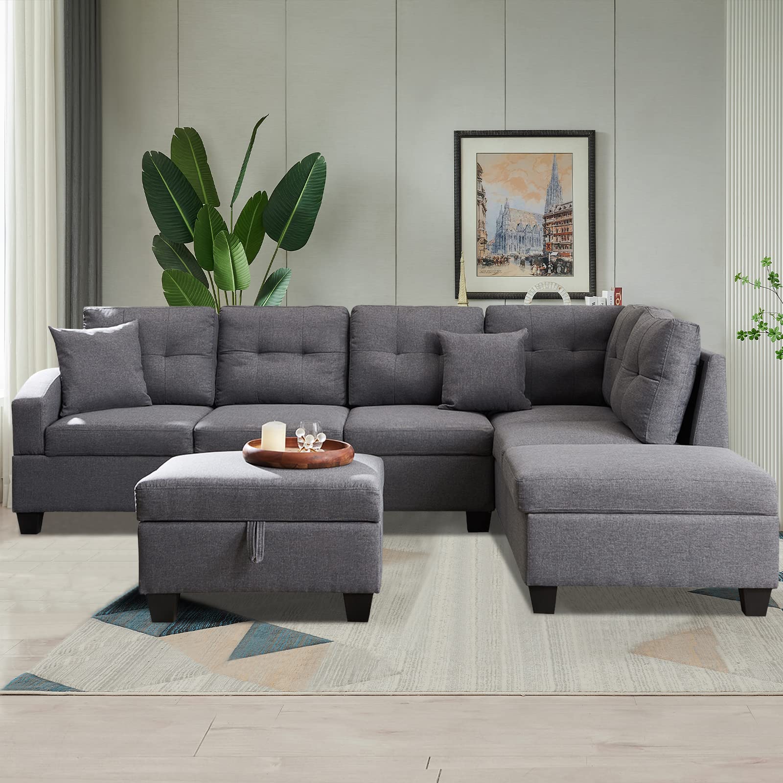 Unovivy Large Sectional Couches for Living Room, 109" L Shaped Upholstered Sofa with Chaise, Ottoman and Cup Holders, 3-Piece Fabric Furniture Sets, Suitable Space & Apartment, Light Gray