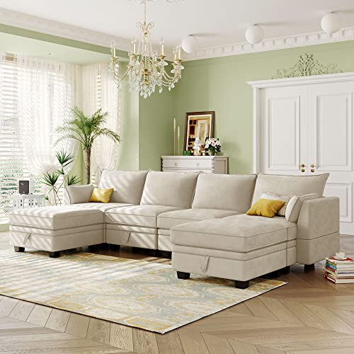 YUNLife&Home U-Shaped Oversized Modular Sectional Sofa,Convertible Sleeper Couch Bed with Reversible Chaise Lounge,Upholstered Tufted Cushion 6-Seat Sofá&Couches for Living Room Furniture Set