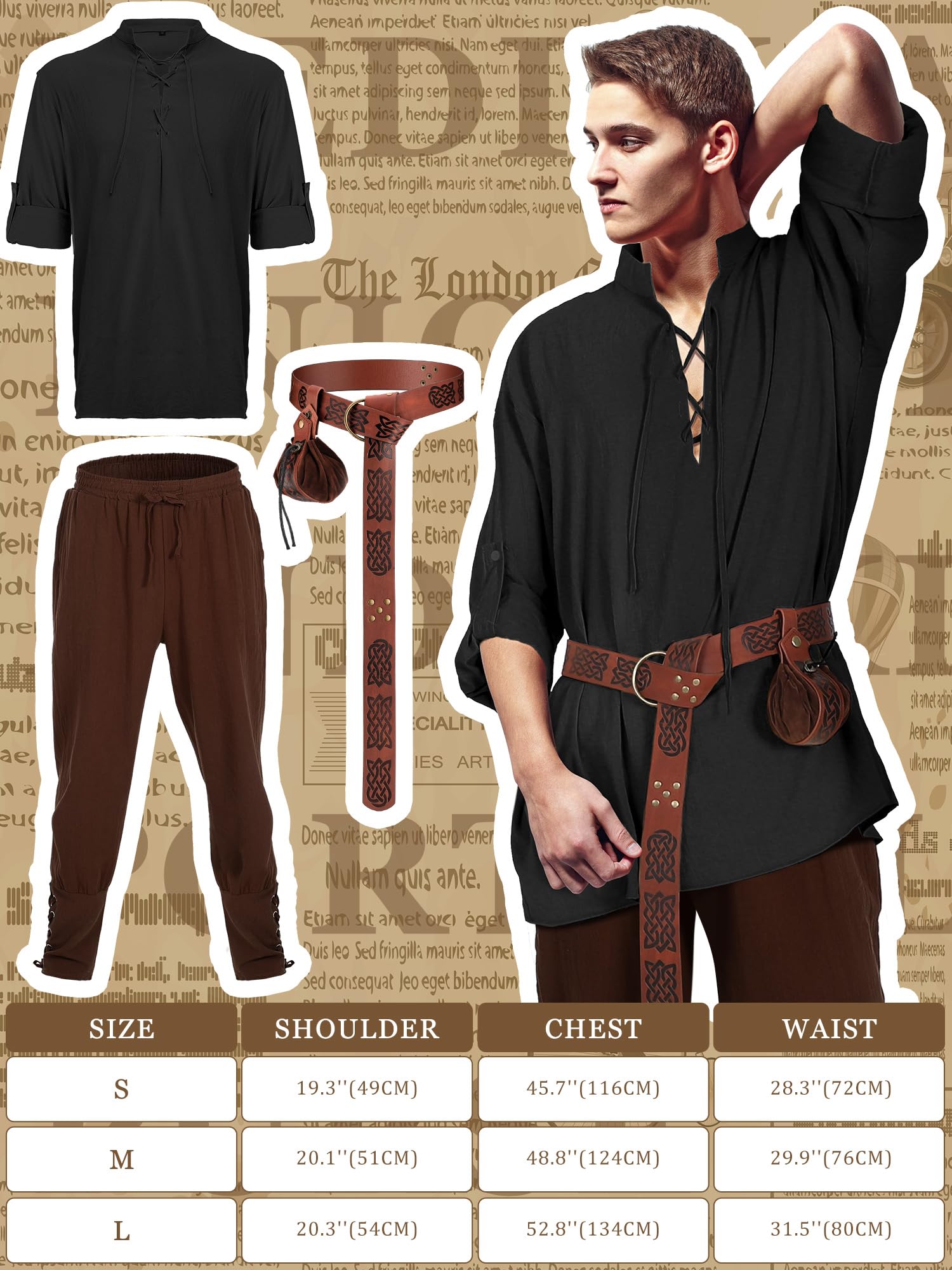 Panitay 4 Pcs Halloween Men's Medieval Costume Set Renaissance Pirate Shirt Pants Viking Belt Retro Pouch Outfit for Cosplay(X-Large,Black, Dark Brown, Brown)