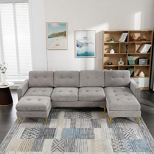 U-Shaped Sectional Sofa w/Reversible Chaise and Movable Ottoman, 110"W 5-Seater Convertible Corner Couch Modern Design Comfy Sofa & Couch with Side Pockets and Nail Head for Home Office Apartment