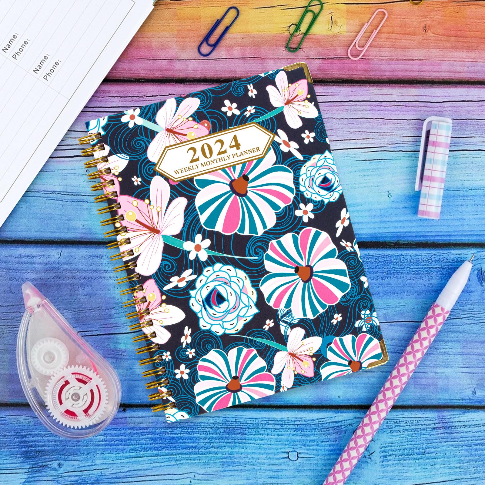 2024 Daily Planner with Stickers - 8.66"×6.2" January 2024 - December 2024 Happy Planners with Tabs, Twin Wire Spiral Binding Thick Paper Weekly and Monthly Academic Agenda Daily Notebook Pattern L