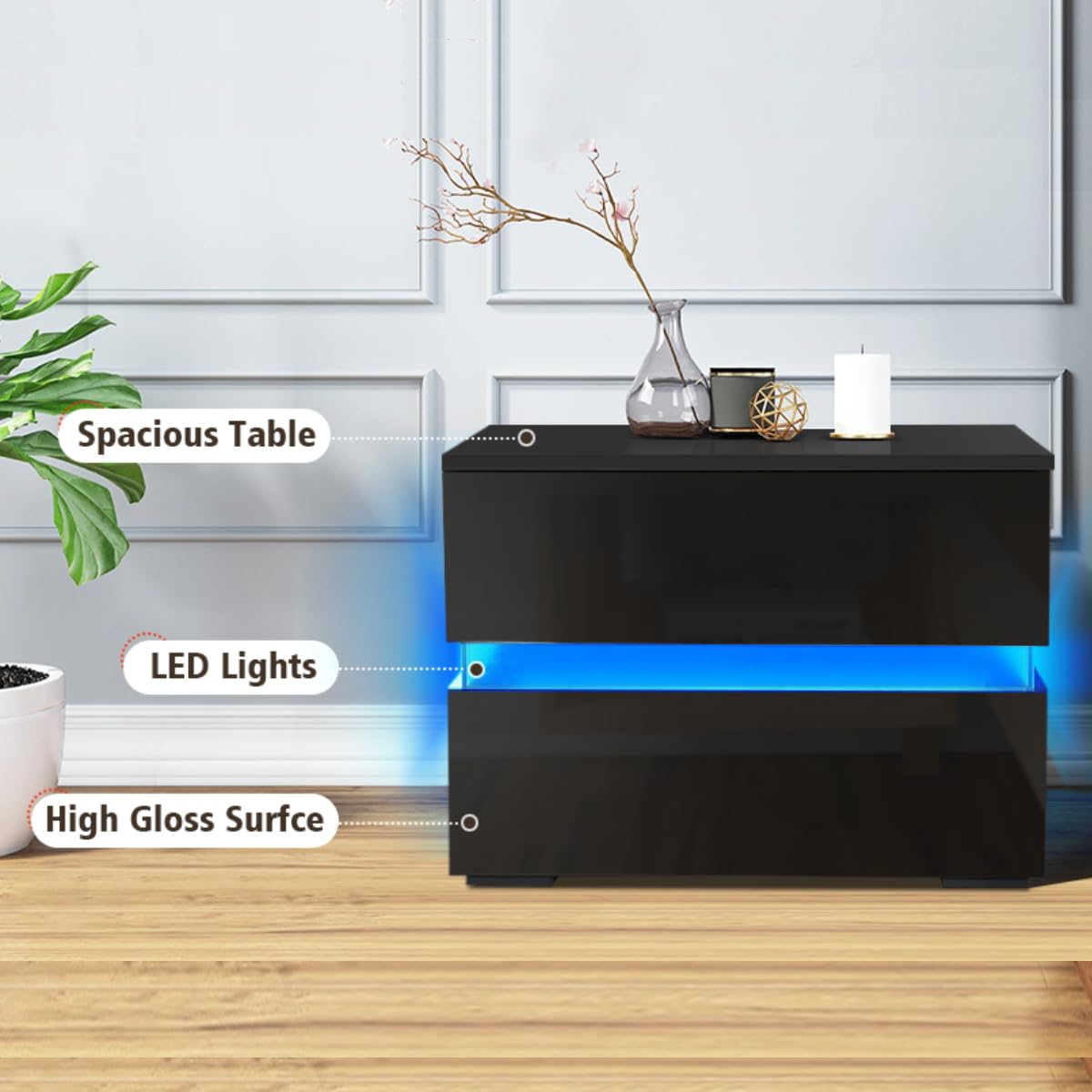 HOMMPA LED Nightstand with 2 Drawers Modern Black Bedside Table Nightstand with Storage Cabinet High Gloss Night Table with 16 Colors LED End Table Smart Nightstand for Bedroom Furniture