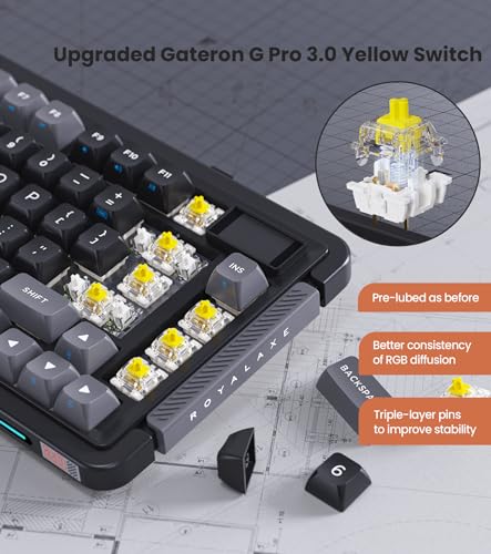 ROYALAXE L75 Wireless Mechanical Keyboard, Hot-swappable Wired/Bluetooth 5.0/2.4G Wireless Keyboard with RGB Backlit for Windows & Mac, PBT Keycaps, Gateron Yellow Switch Pro, Charcoal Gray