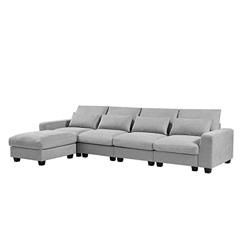 Merax 129" Large Modular Sectional Sofa 5 Pieces Modern L Shaped Couch with Deep Wide Chaise for Living Room Love Seats, Light Gray